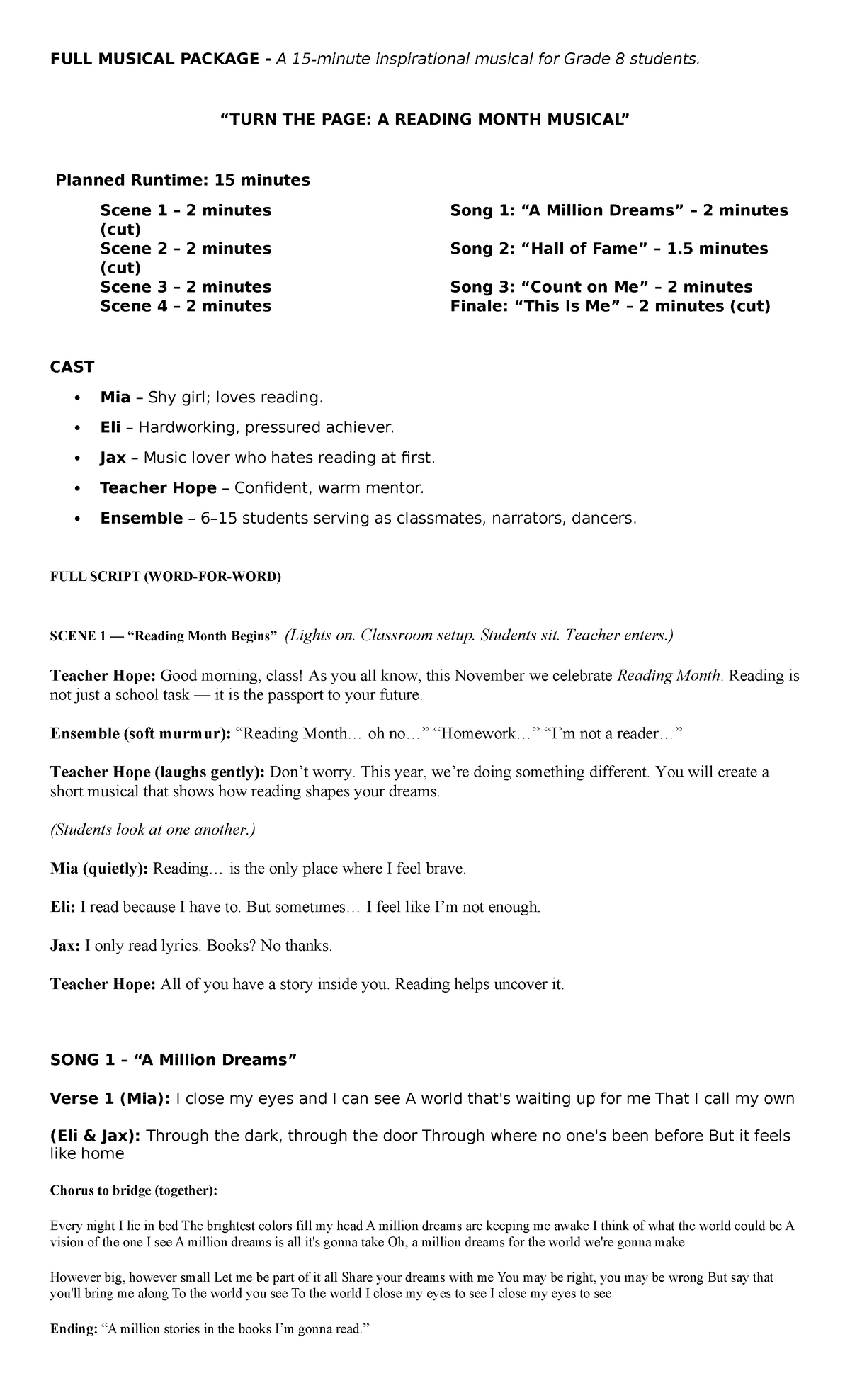 Grade 8 Musical Script: "A Million Dreams" for Reading Month - Studocu
