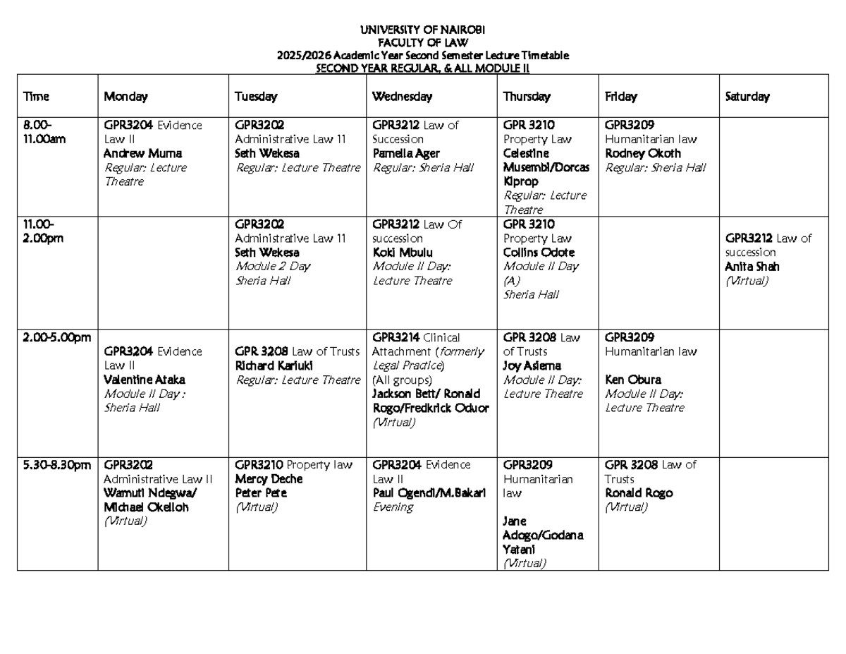 UNIVERSITY OF NAIROBI LAW 2nd Sem 2025-2026 Lecture Timetable - Studocu