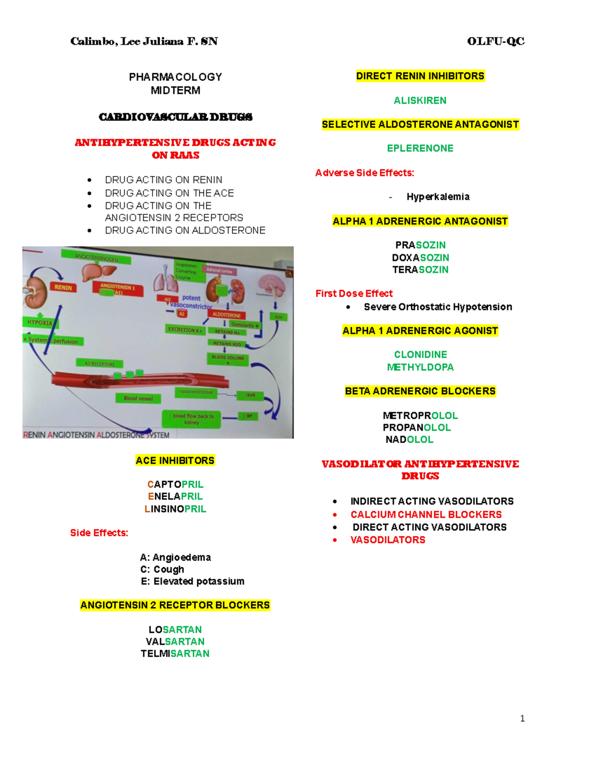 SN Pharmacology Midterm: Cardiovascular Drugs Overview - Studocu