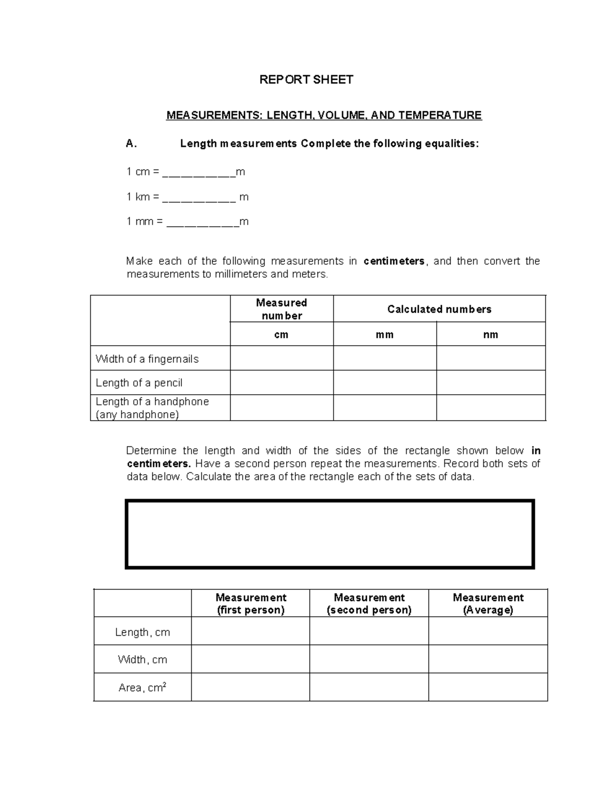 Measurements of Length, Volume, & Temperature: Report Sheet - Studocu
