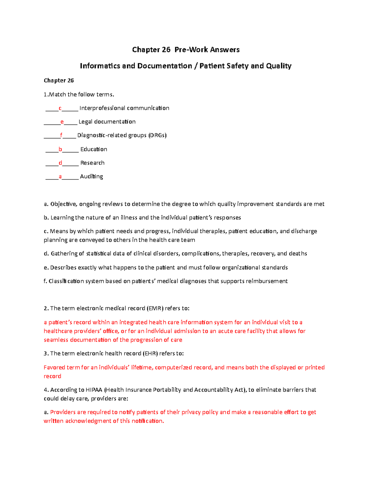 Chapter 26 Pre Work answers - Chapter 26 Pre-Work Answers Informatics and Documentation ...