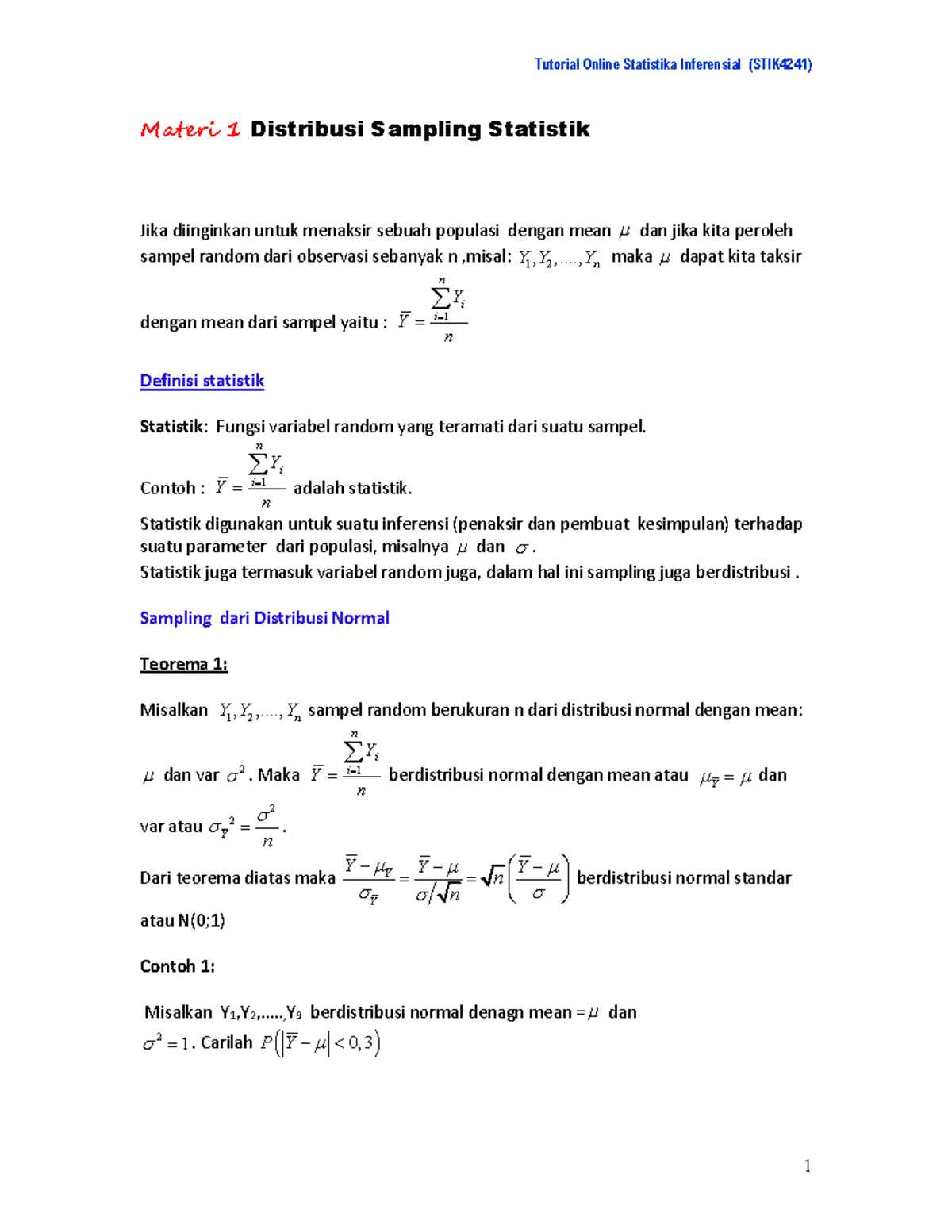 Materi 1: Distribusi Sampling dalam Statistika Inferensial (STIK4241 ...