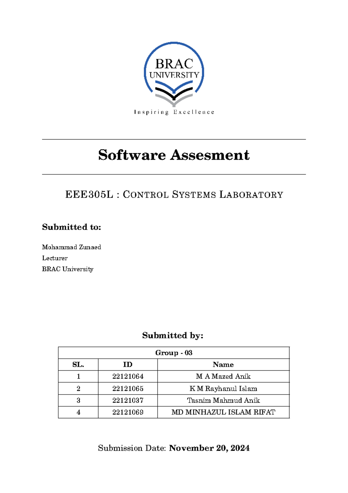 EEE305L Control Systems Lab: Software Assessment Report - Studocu