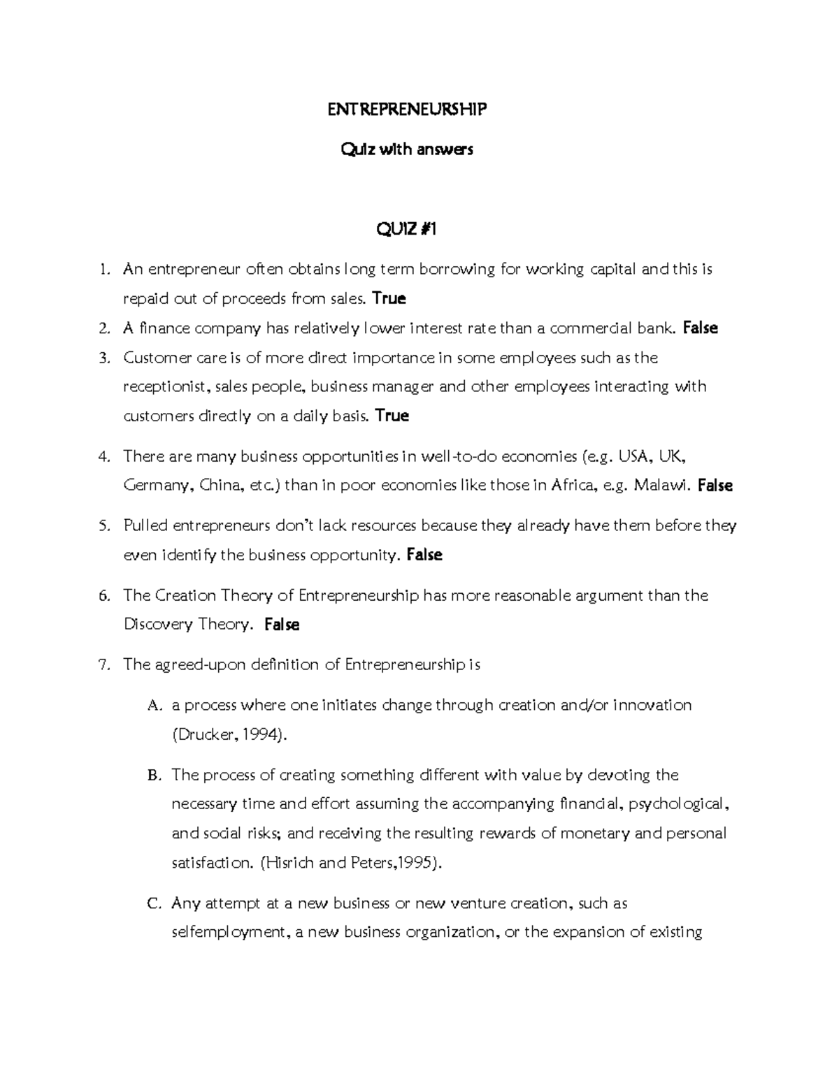 ENTREPRENEURSHIP Quiz 1 & 3 Answers and Insights - Studocu