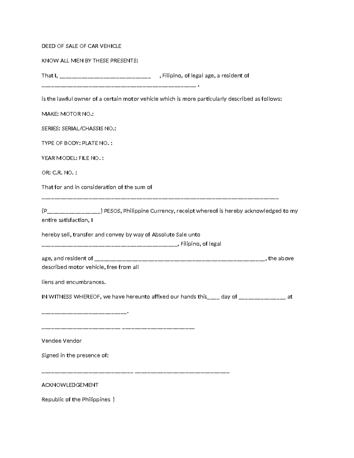 DEED OF SALE OF CAR VEHICLE - LEGAL DOCUMENT TEMPLATE - Studocu