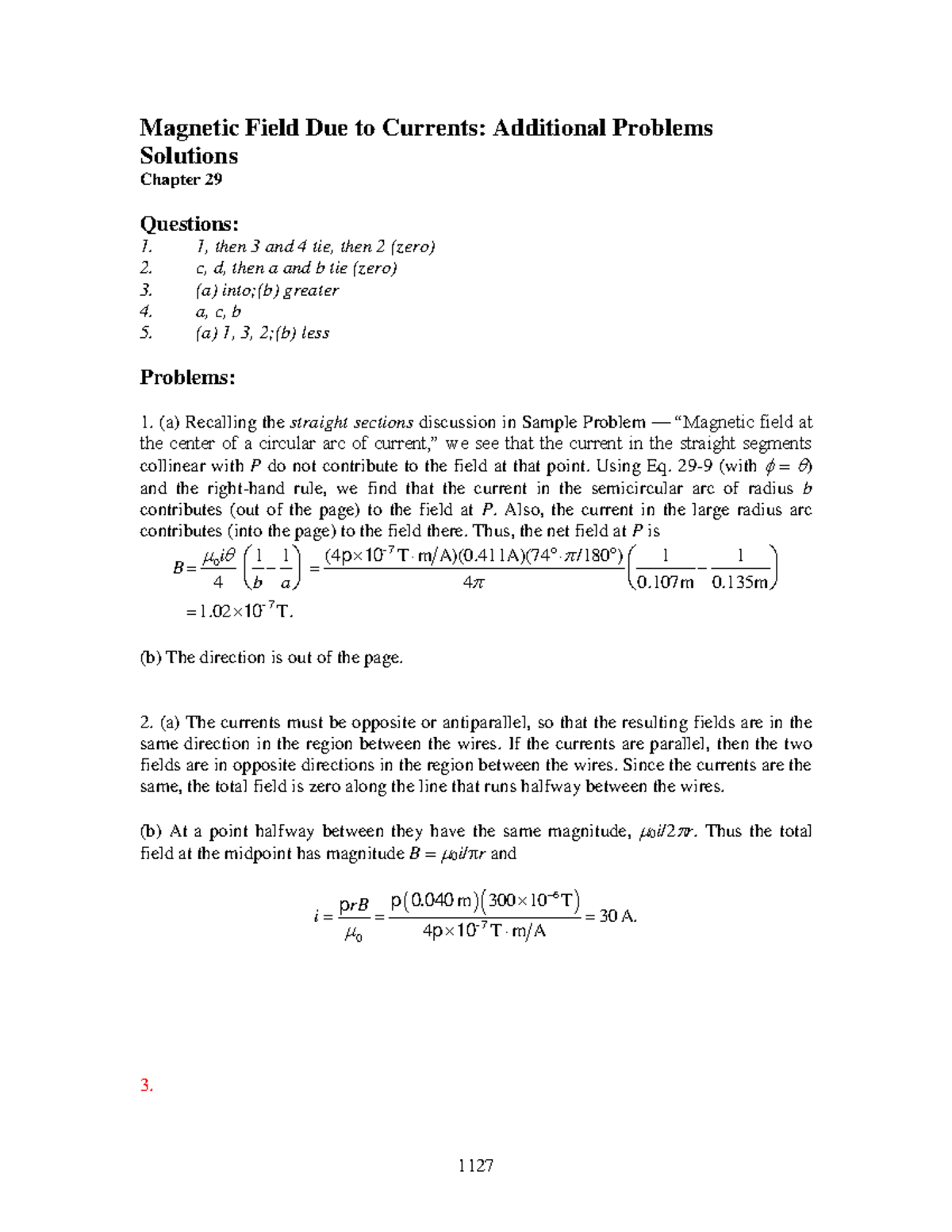 Additional Problems Solutions: Magnetic Field Due to Currents (Ch 29 ...