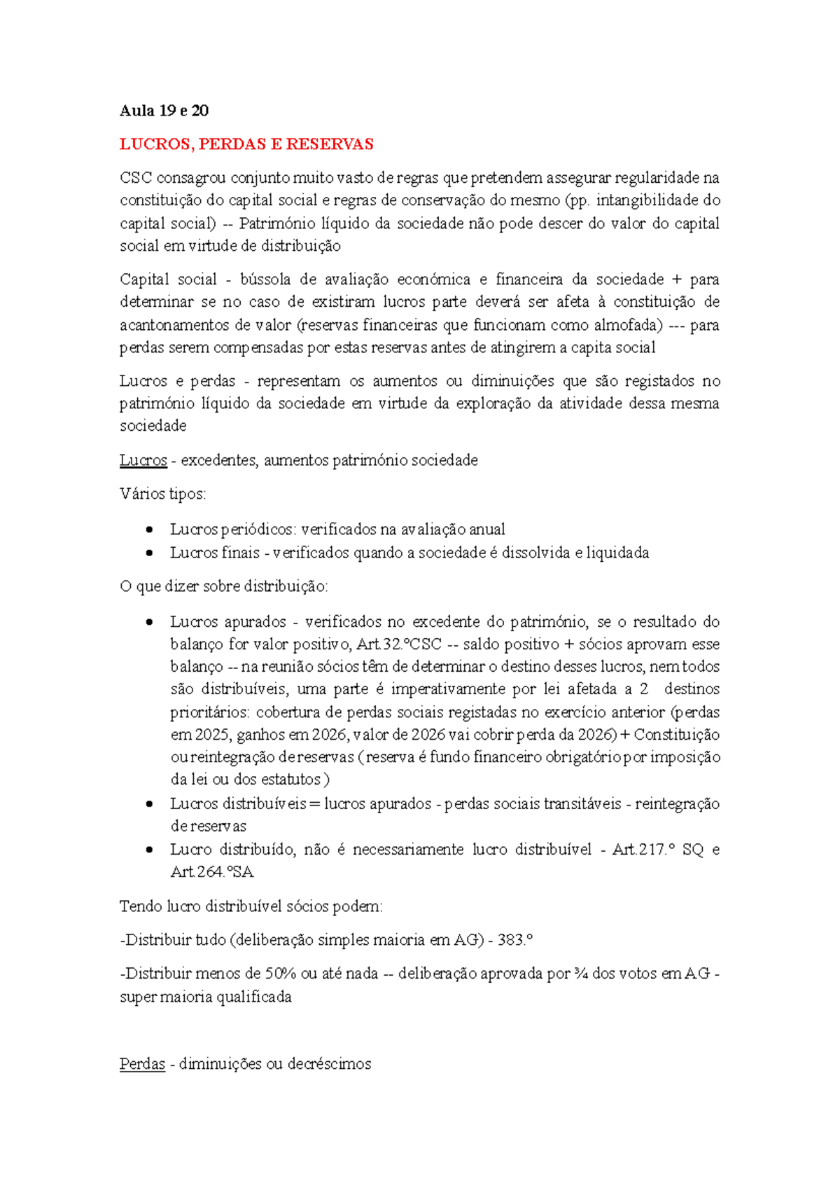 Aula 19 e 20: Lucros, Perdas e Reservas no CSC - Studocu