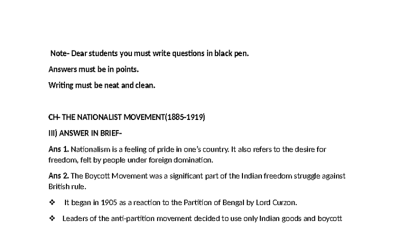 The Nationalist Movement (1885-1919) - Std VIII Study Notes - Studocu