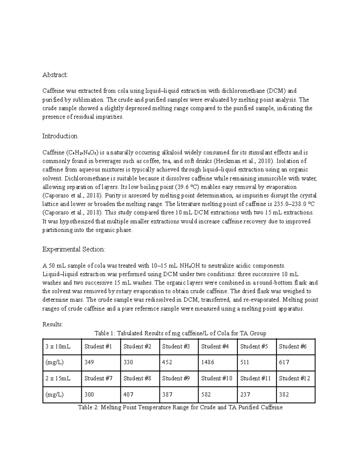 Lab Report: Extraction and Purification of Caffeine from Cola (CHEM 101 ...