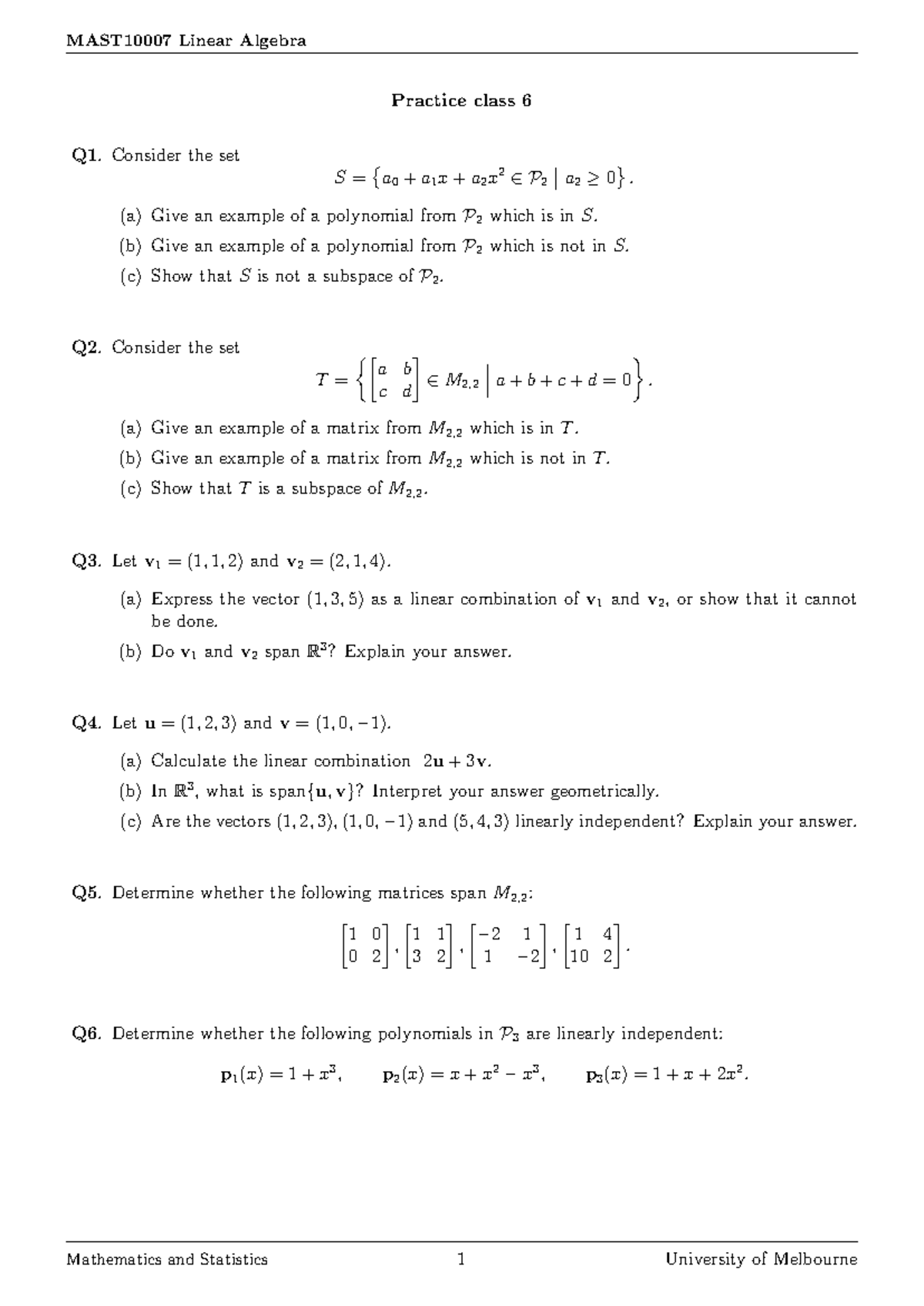 Linear Algebra T06 Practice Questions and Solutions - Studocu