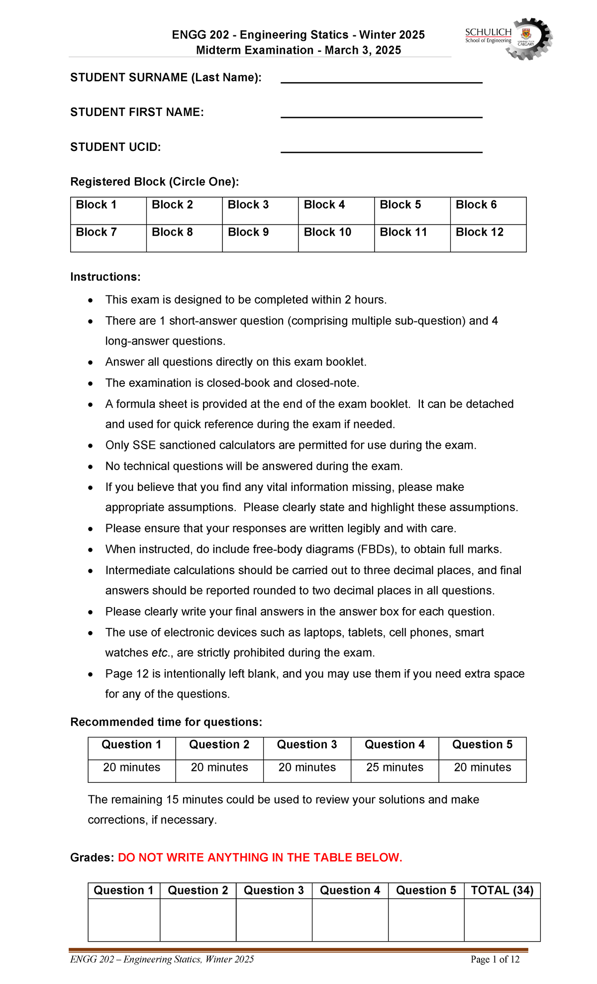ENGG 202 Engineering Statics Winter 2025 Midterm Exam & Solutions - Studocu