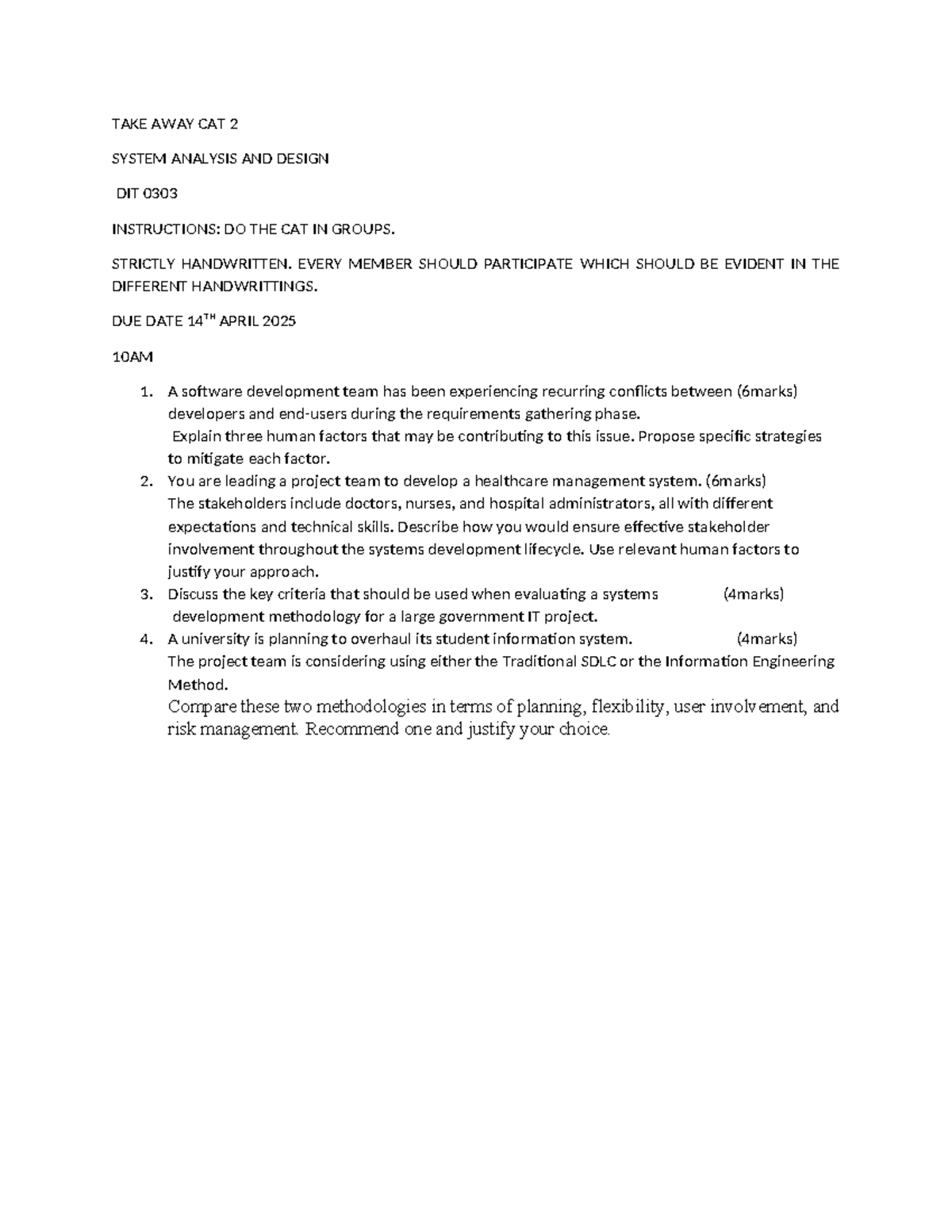 CAT 2 DIT 0303 - System Analysis & Design Group Instructions - Studocu