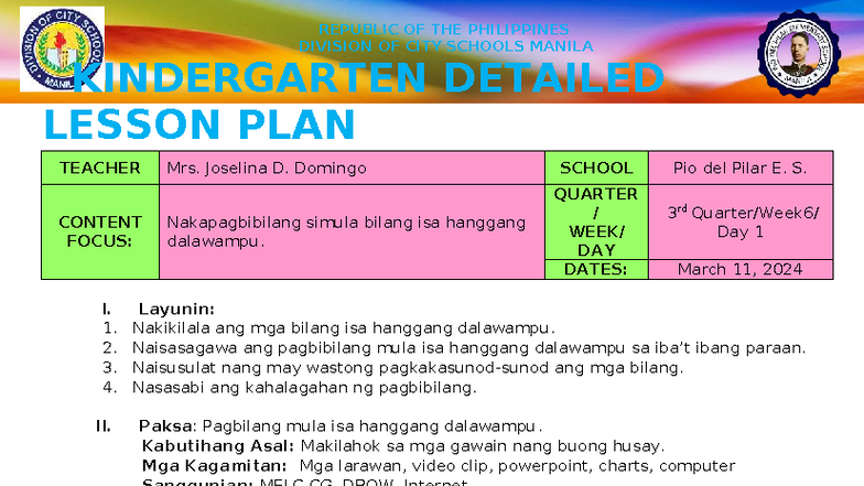 DLL DLP Quarter 3 Week 6 2024: Kindergarten Lesson Plans - Studocu