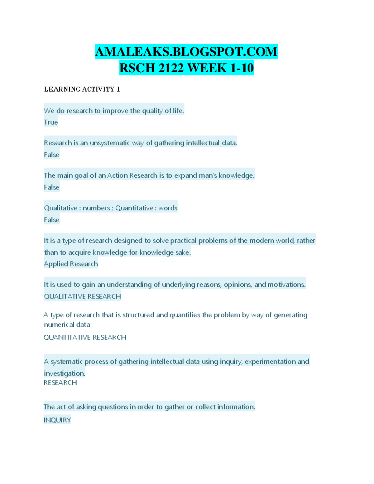 RSCH 2122 WEEK 1-20 QUIZ REVIEW AND LEARNING ACTIVITIES GUIDE - Studocu