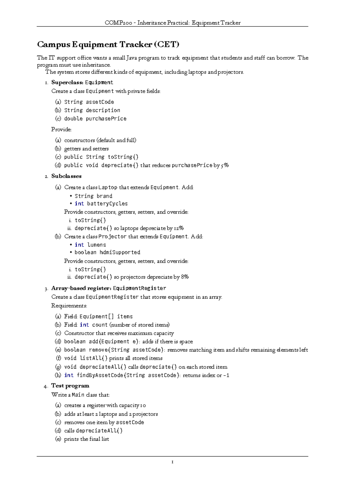 COMP200 Practical: Inheritance in Equipment Tracker System - Studocu