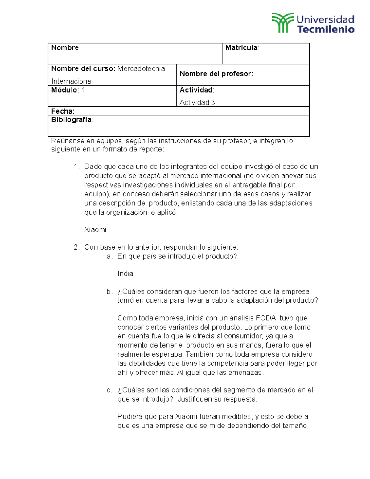 Actividad 3 - Mercadotecnia Internacional - Universidad Tec Milenio ...