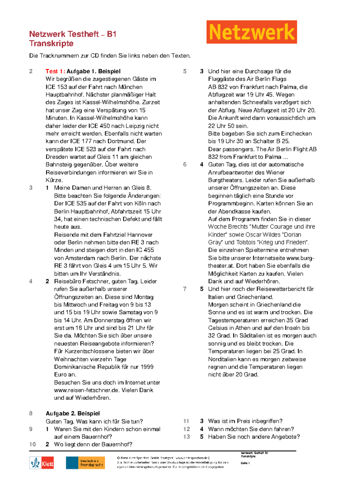 Netzwerk B1 Testheft: Transkripte und Aufgaben für Prüfungen - Studocu