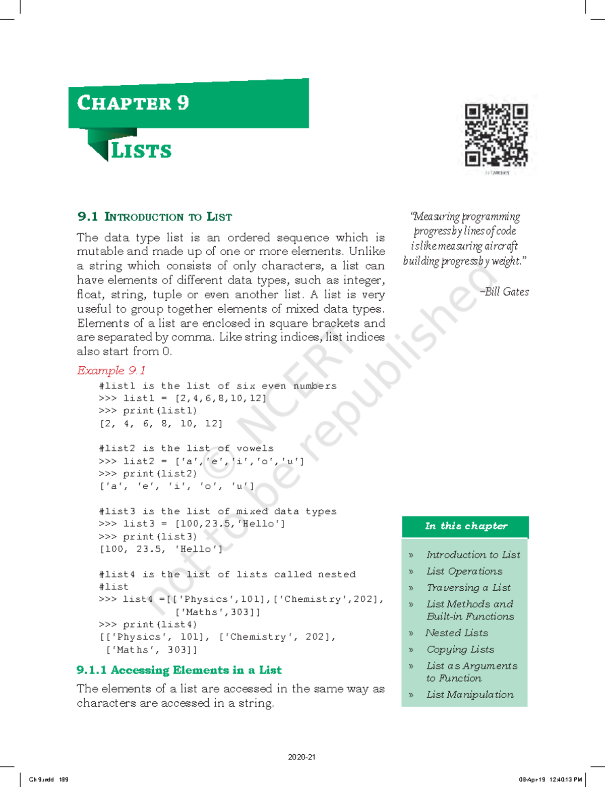 Kecs109 - COMPUTER SCIENCE XI CHAPTER9 - 9 IntroductIon to LIst The data type list is an ordered ...