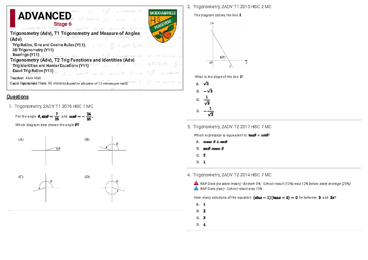 Trigonometry 2ADV T1 2013 HSC Past Exam Questions and Solutions - Studocu