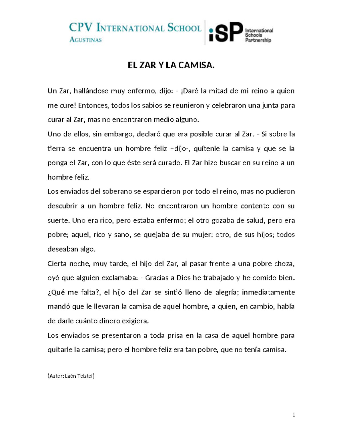 EL ZAR Y LA CAMISA - Lectura del Cuento de Tolstoi - Studocu
