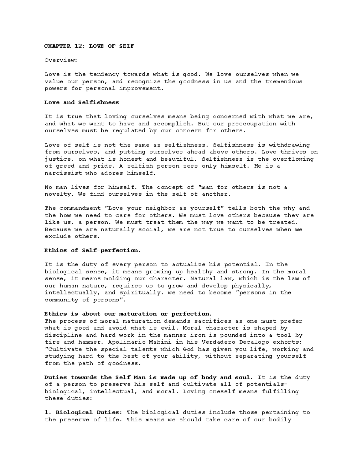 LOVE OF SELF IN ETHICS - Chapter 12 Insights and Analysis - Studocu