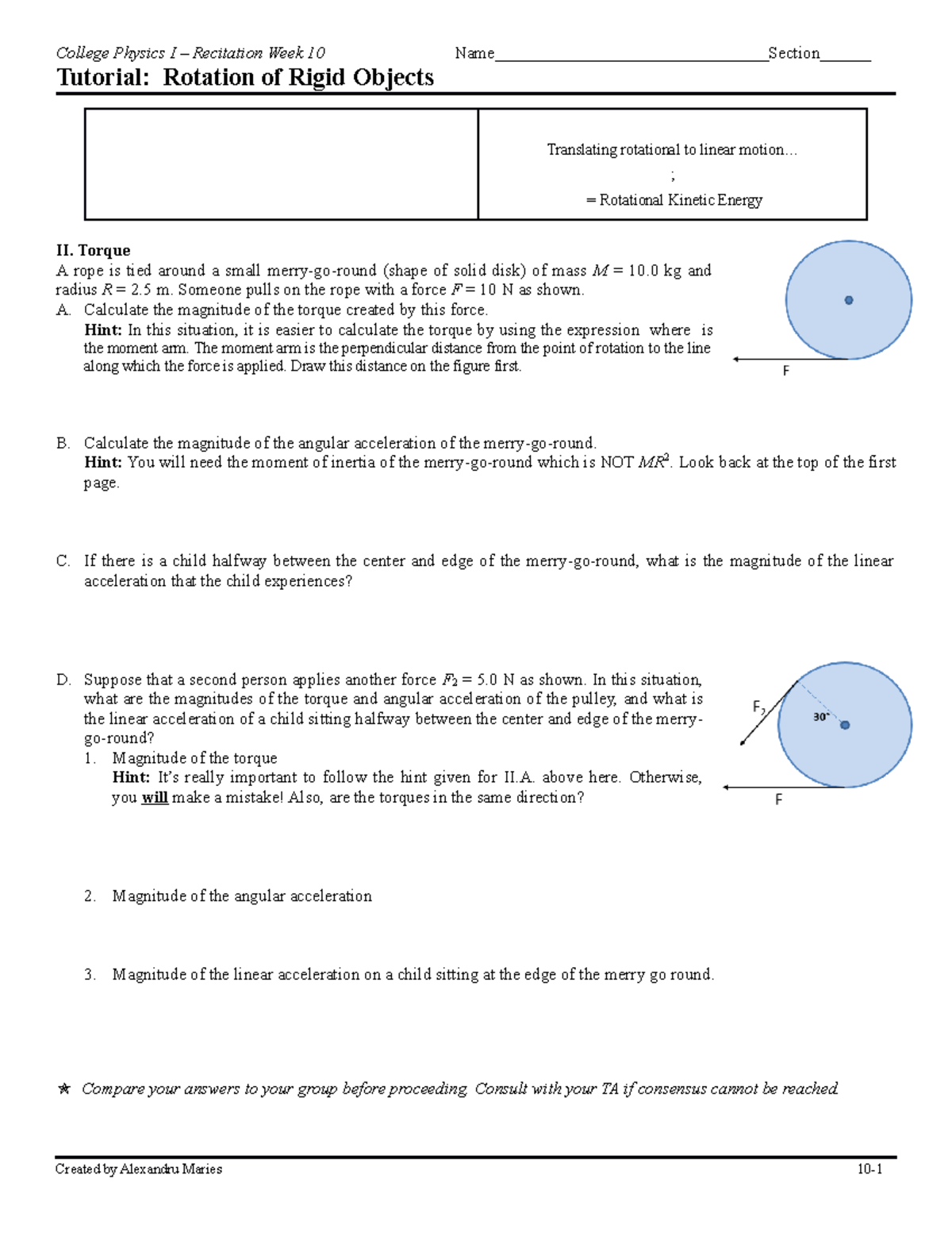 CP1 Recitation Week 10 Rotation of Rigid Objects Torques and Rotational ...