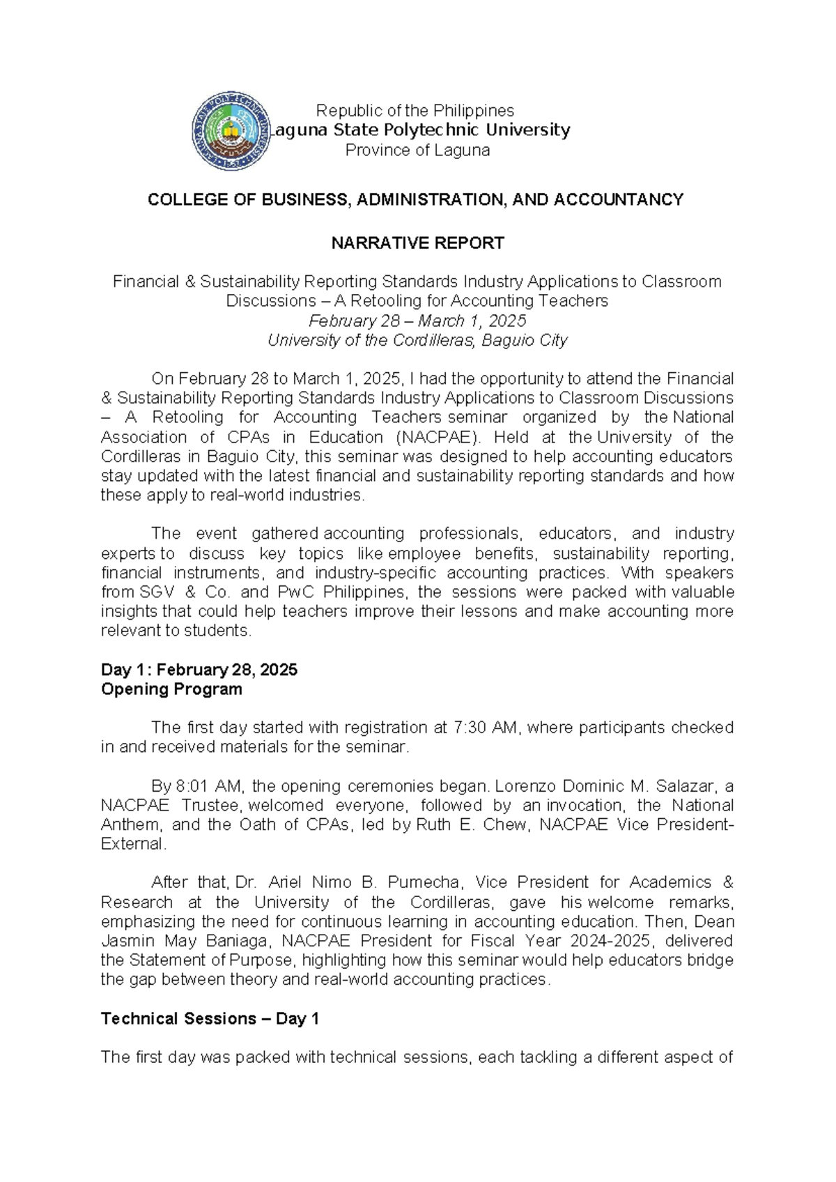 Narrative Report (Baguio) - Republic of the Philippines Laguna State ...