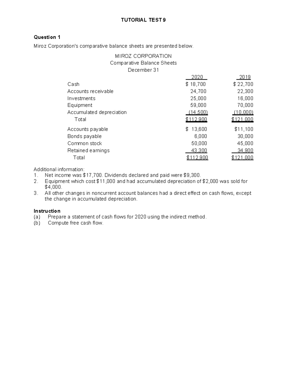 TT9 Tutorial Test: Miroz Corp Cash Flow Statement & Free Cash Flow ...