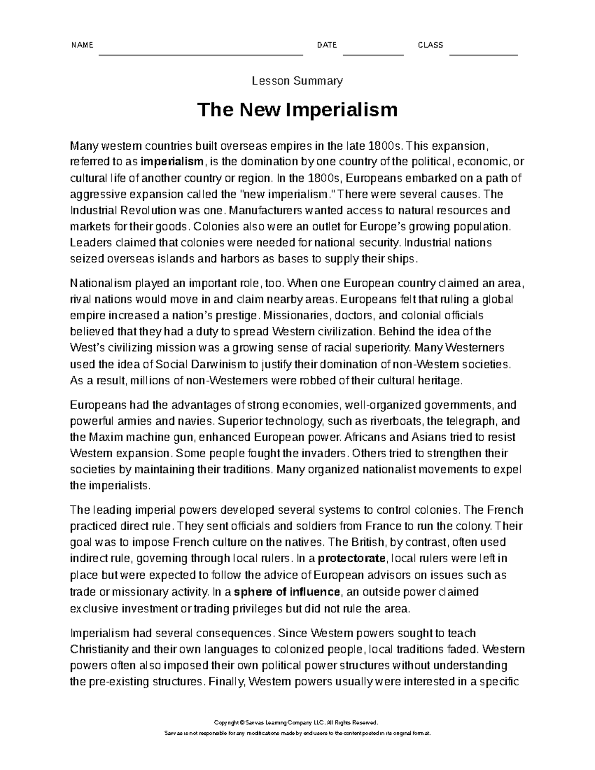 Lesson Summary The New Imperialism - NAME DATE CLASS Lesson Summary The ...