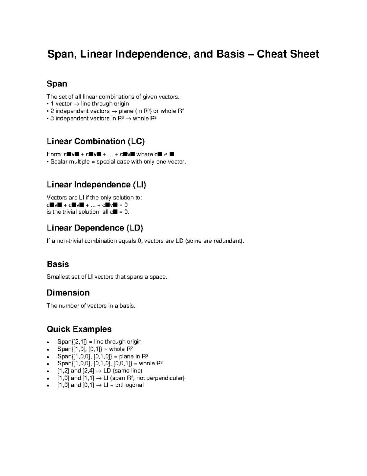 Span, Linear Independence, and Basis Cheat Sheet - Studocu