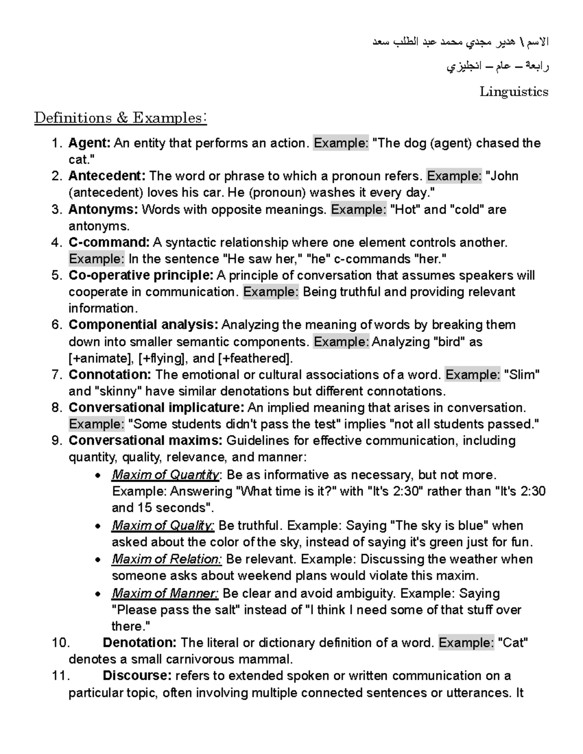 Linguistics Definitions & Examples for English Course - Year 4 - Studocu