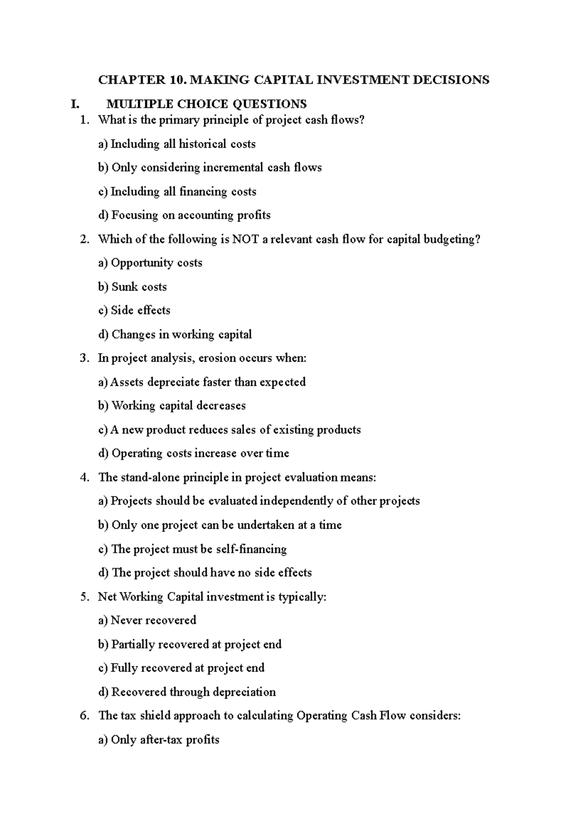 Chapter 10: Capital Investment Decisions - MCQs & True/False Qs - Studocu