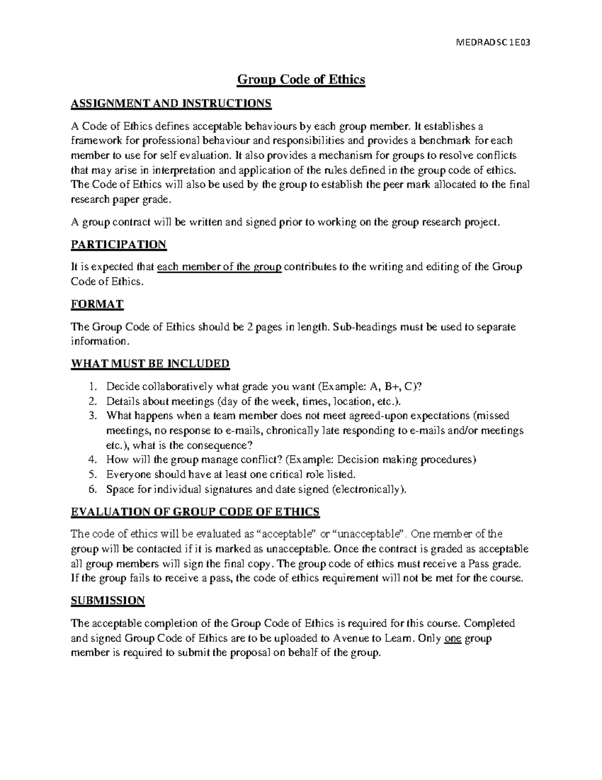 MEDRADSC 1E03 Group Code of Ethics Assignment Guidelines - Studocu