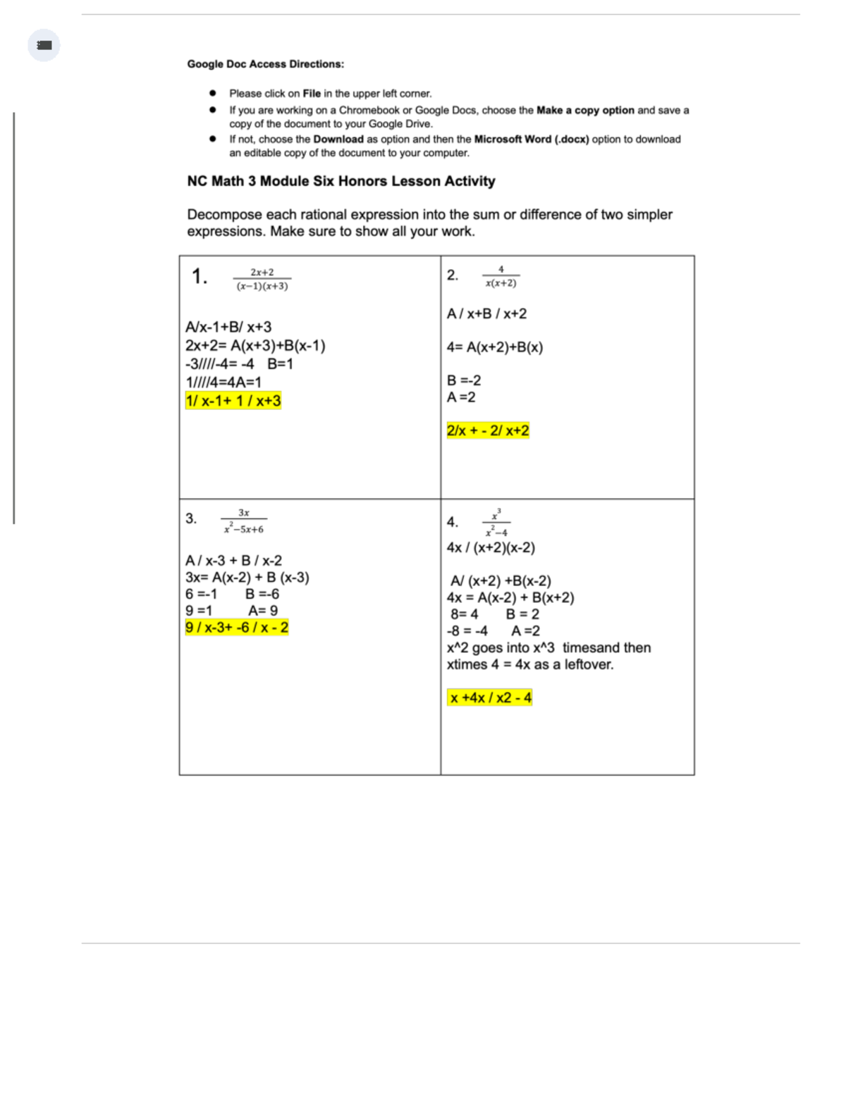 NC Math 3 Module 6 Honors Lesson Activity: Rational Expressions - Studocu