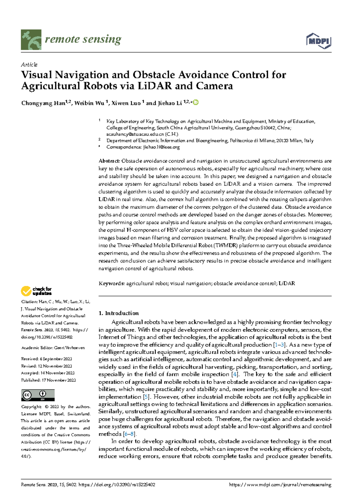 Visual Navigation and Obstacle Avoidance Control for Agri-Robots ...
