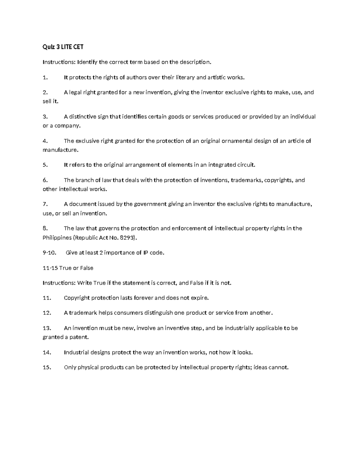 Quiz 3 LITE: Intellectual Property Rights and Definitions - Studocu