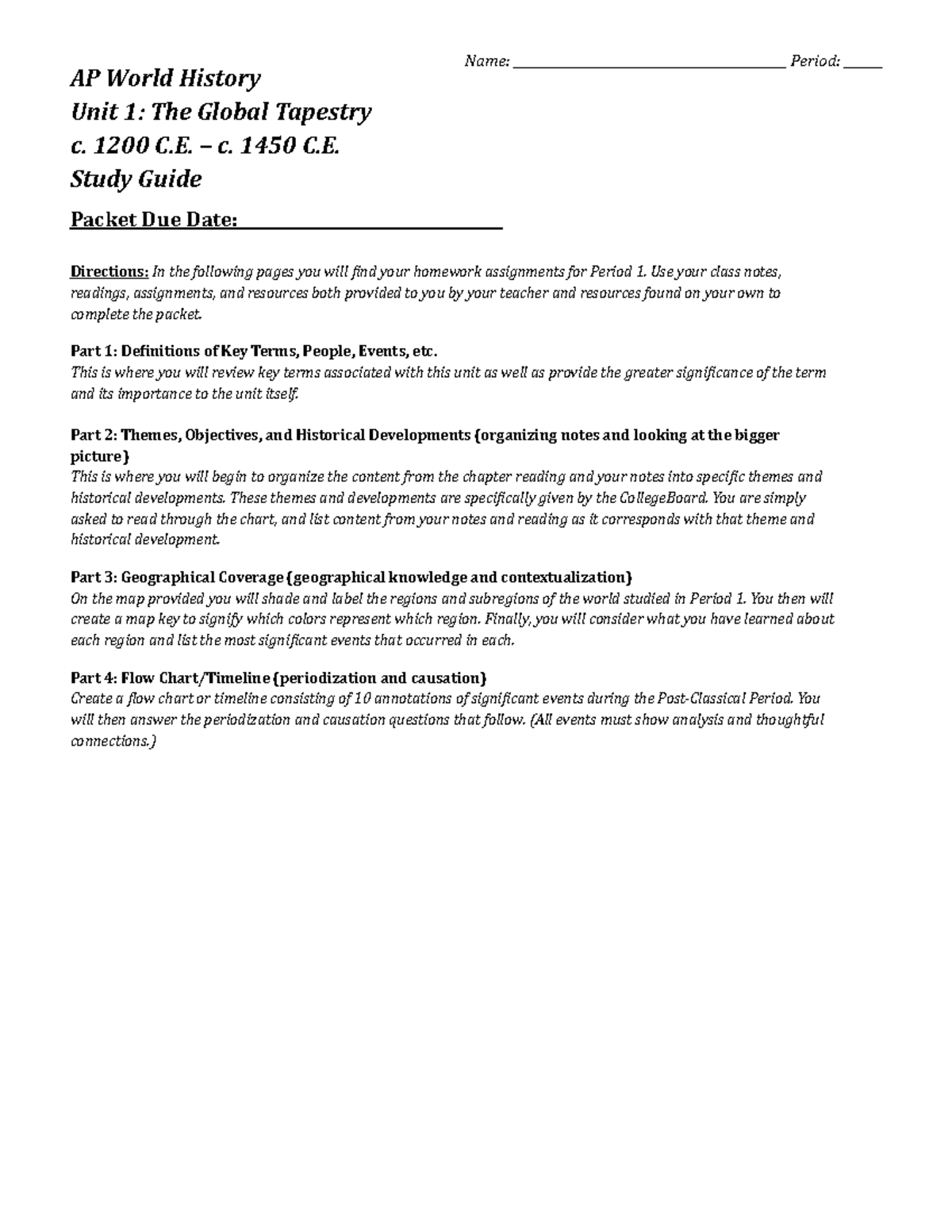 AP World History Unit 1 Homework Packet - The Global Tapestry (1200 ...