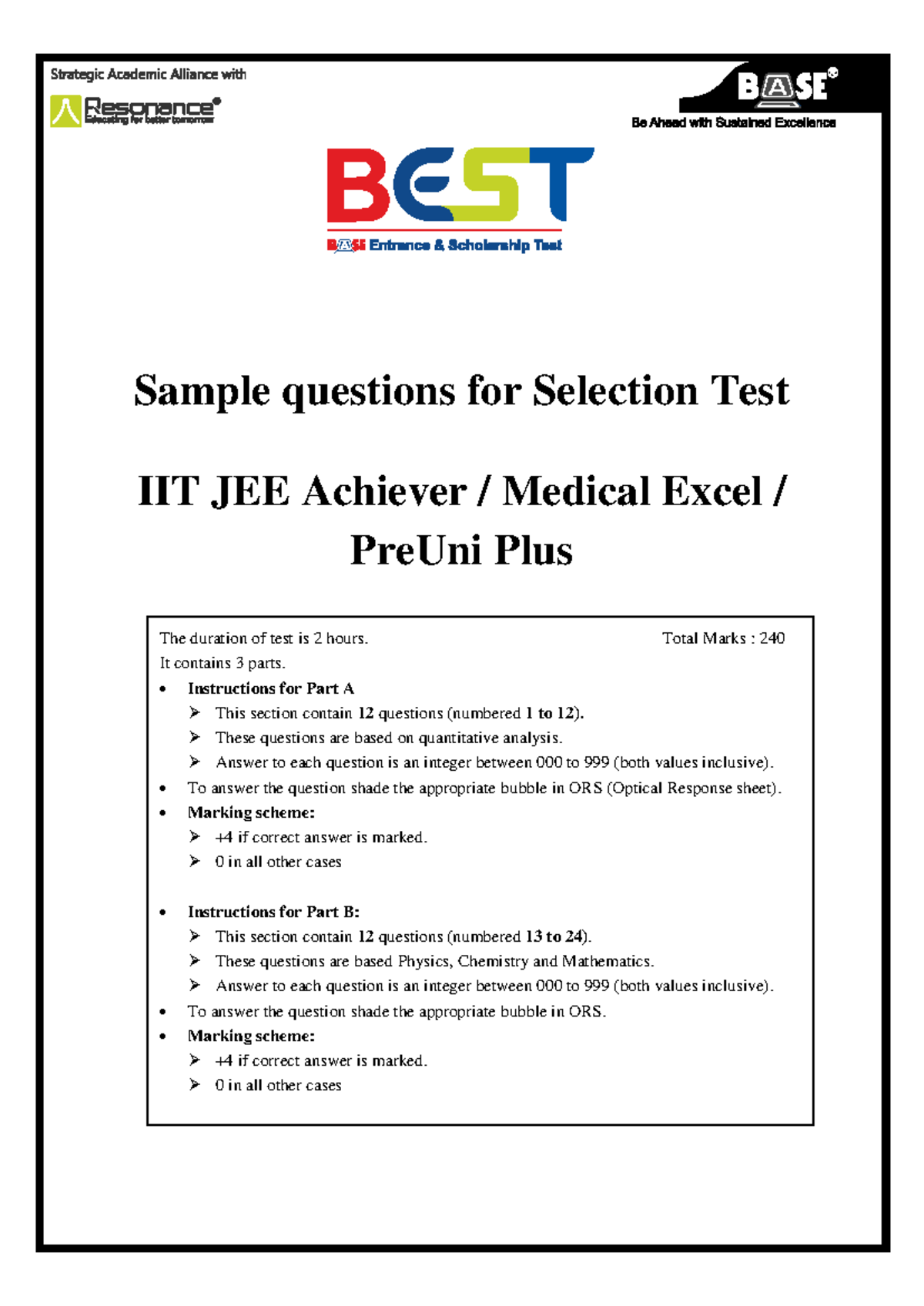 AY25-26 1st PU BEST Sample Paper - Sample questions for Selection Test ...