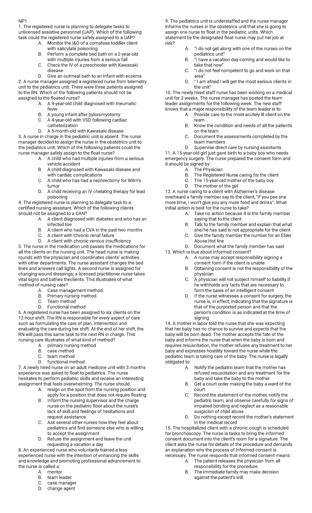 NP1-5 (RNPedia) - Delegation and Management Practice Questions - Studocu