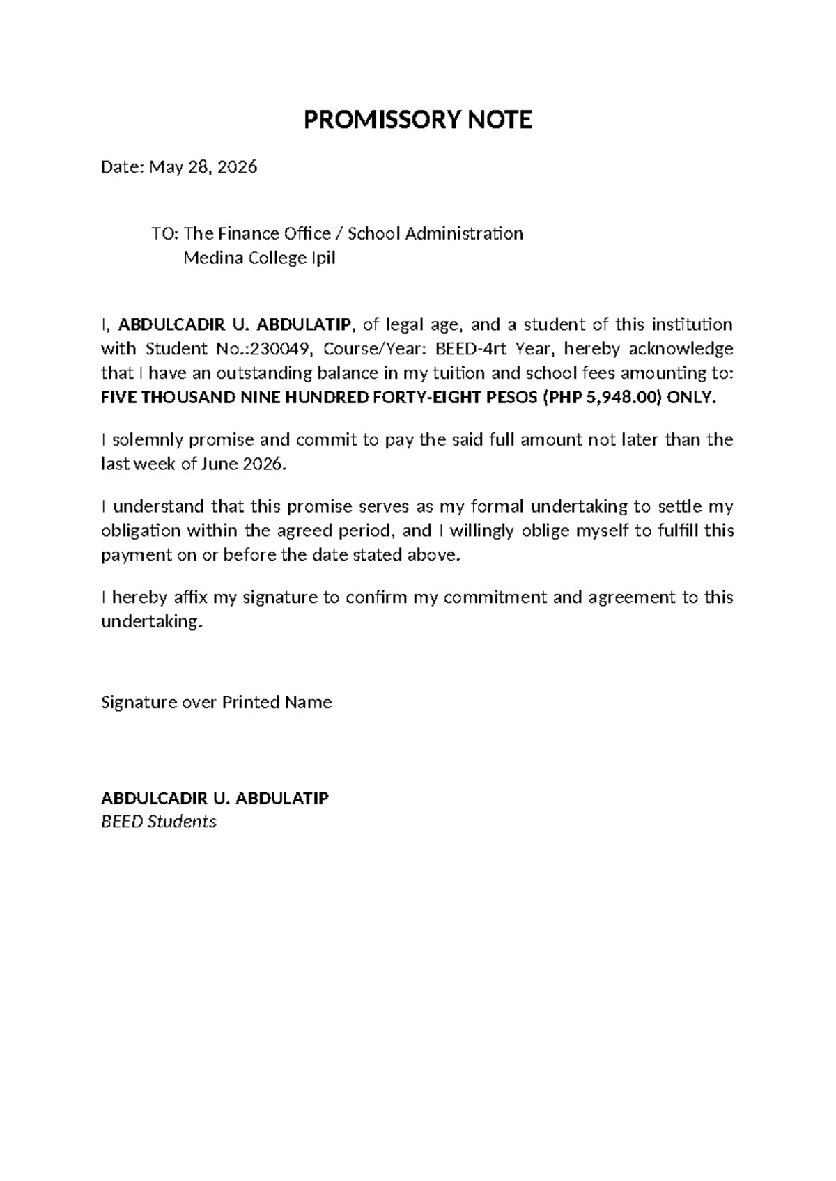 Promissory Note for Tuition Payment - Student No. 230049 - Studocu
