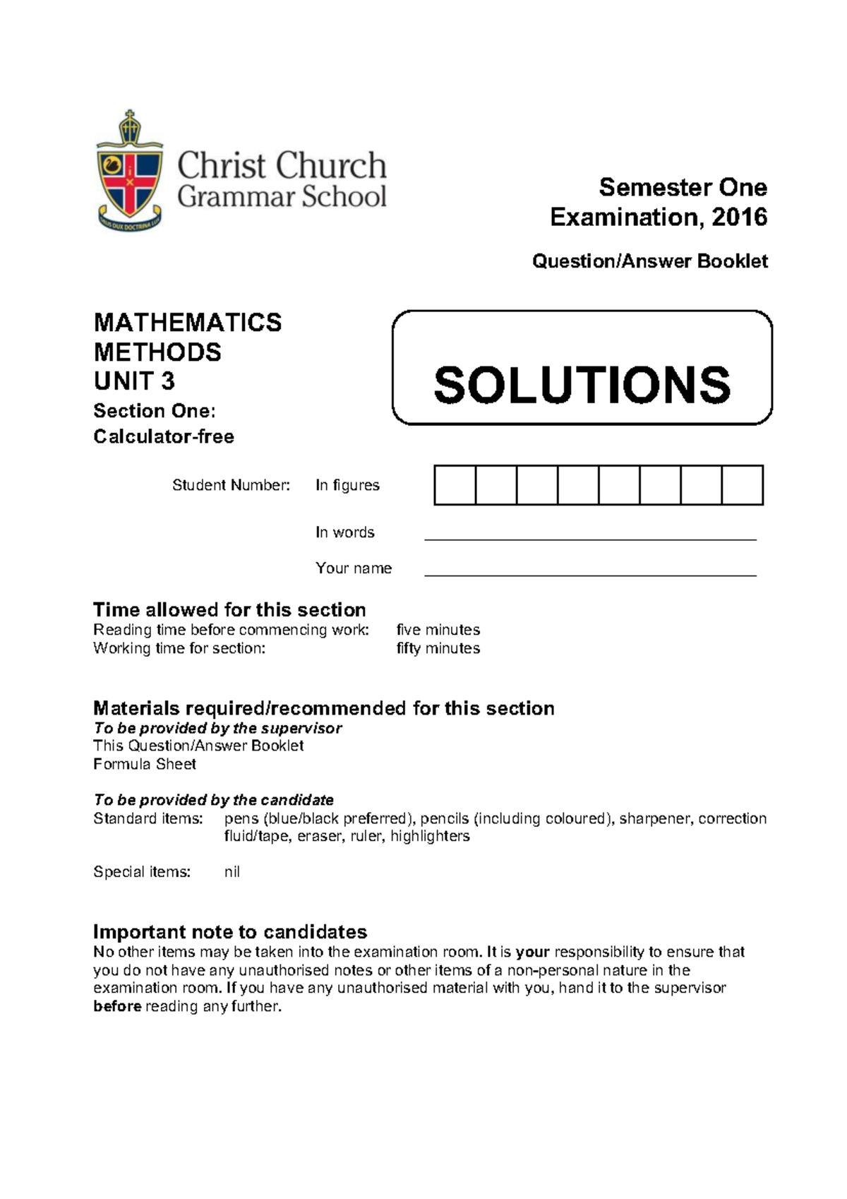 2016 Semester One Exam Solutions for Mathematics Methods Unit 3 - Studocu
