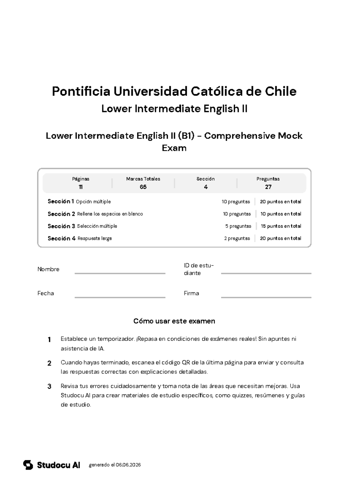 Lower Intermediate English II (B1) - Comprehensive Mock Exam - Studocu