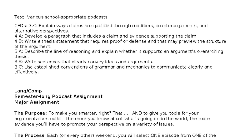 Podcast Assignment for AP Lang 2025: Exploring Claims & Evidence - Studocu