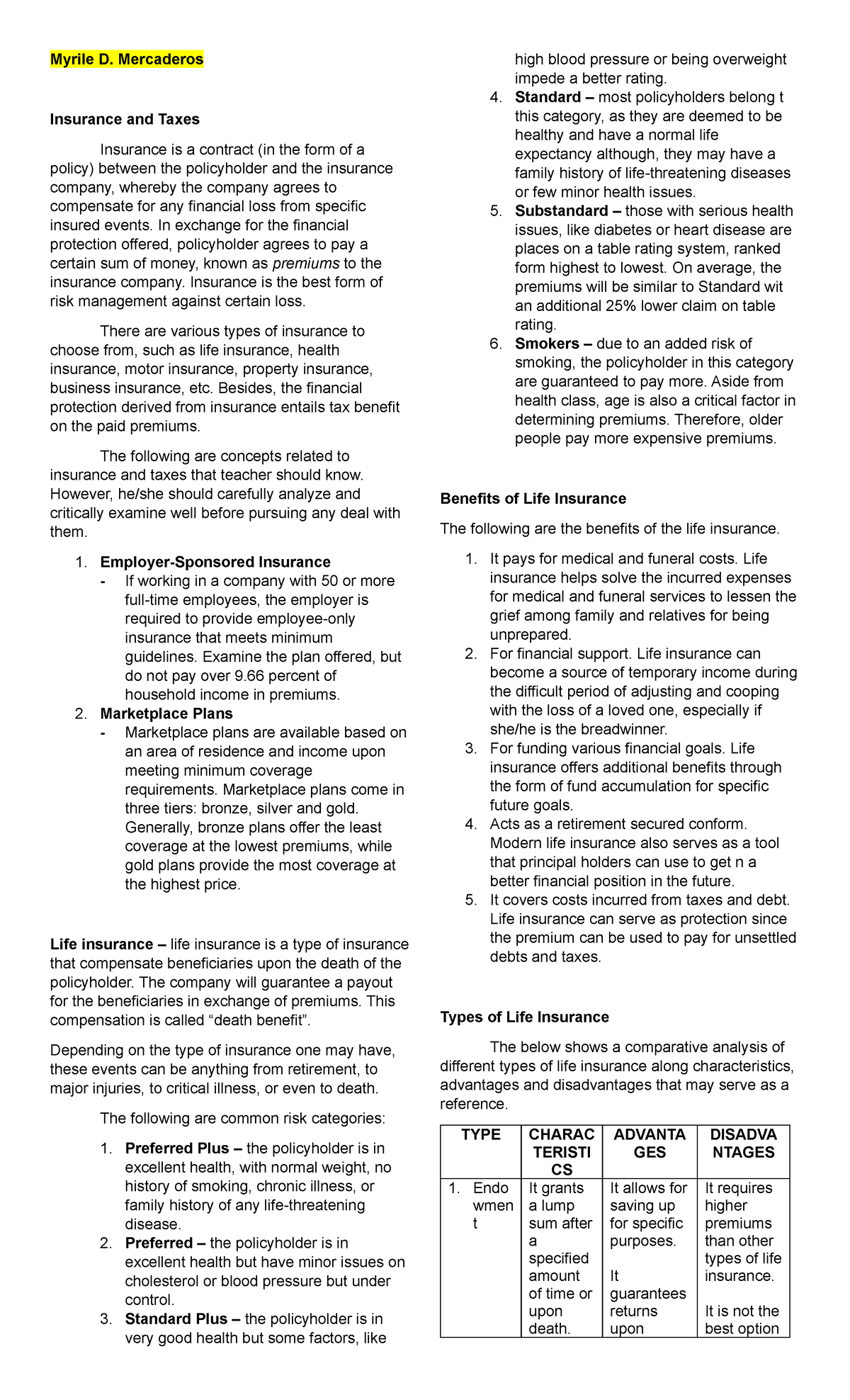 CPE109 Financial Literacy - Handout - Myrile D. Mercaderos Insurance ...