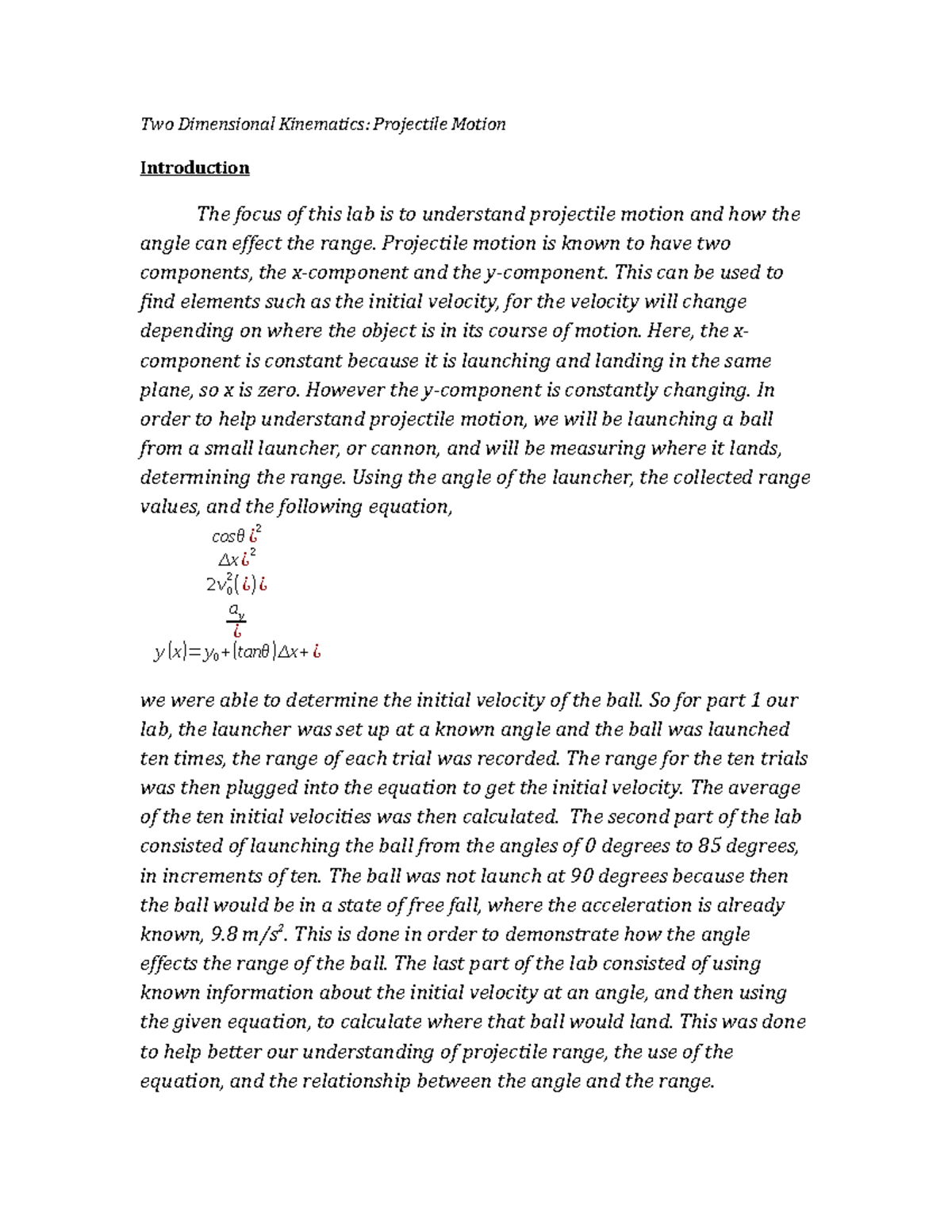 Two Dimensional Kinematics Projectile Motion Lab Two Dimensional Kinematics Projectile
