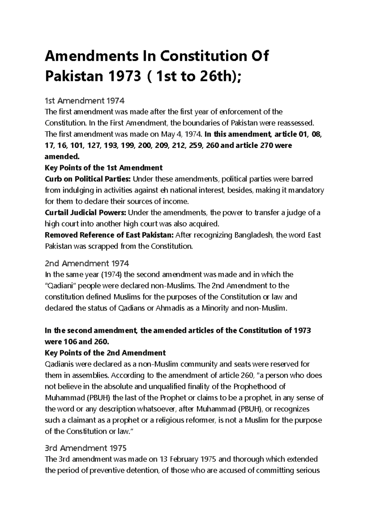 Comprehensive Overview of Amendments in Pakistan's 1973 Constitution (1 ...