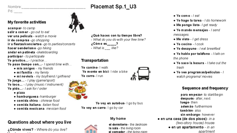 Spanish U3 & U4 Placemat: Common Phrases & Activities - Studocu