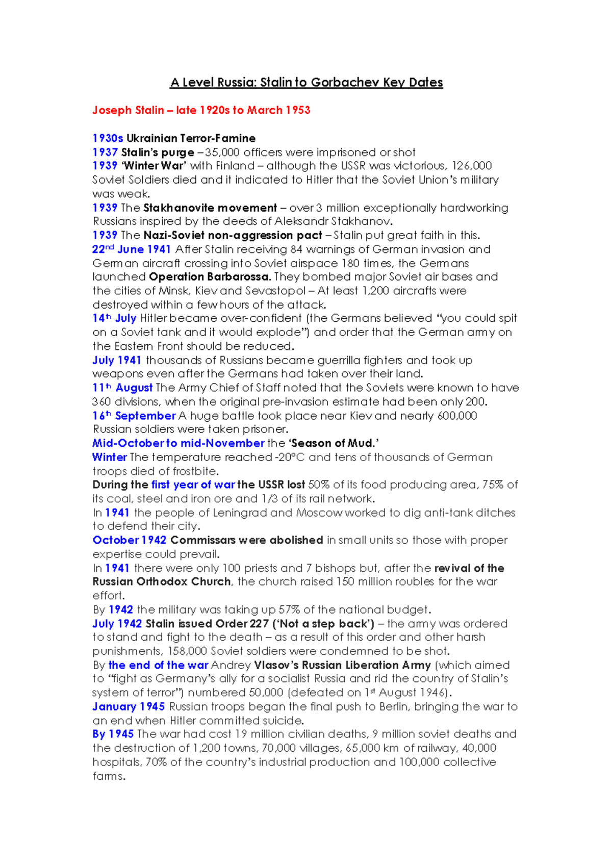 A Level History: Key Dates from Stalin to Gorbachev (USSR Timeline ...