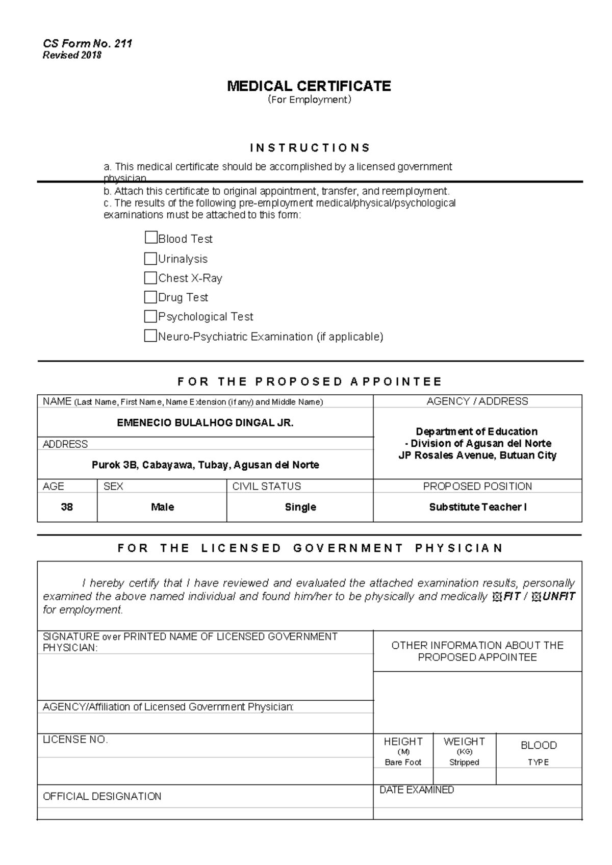 CS Form No. 211: Revised Medical Certificate for Employment - Studocu