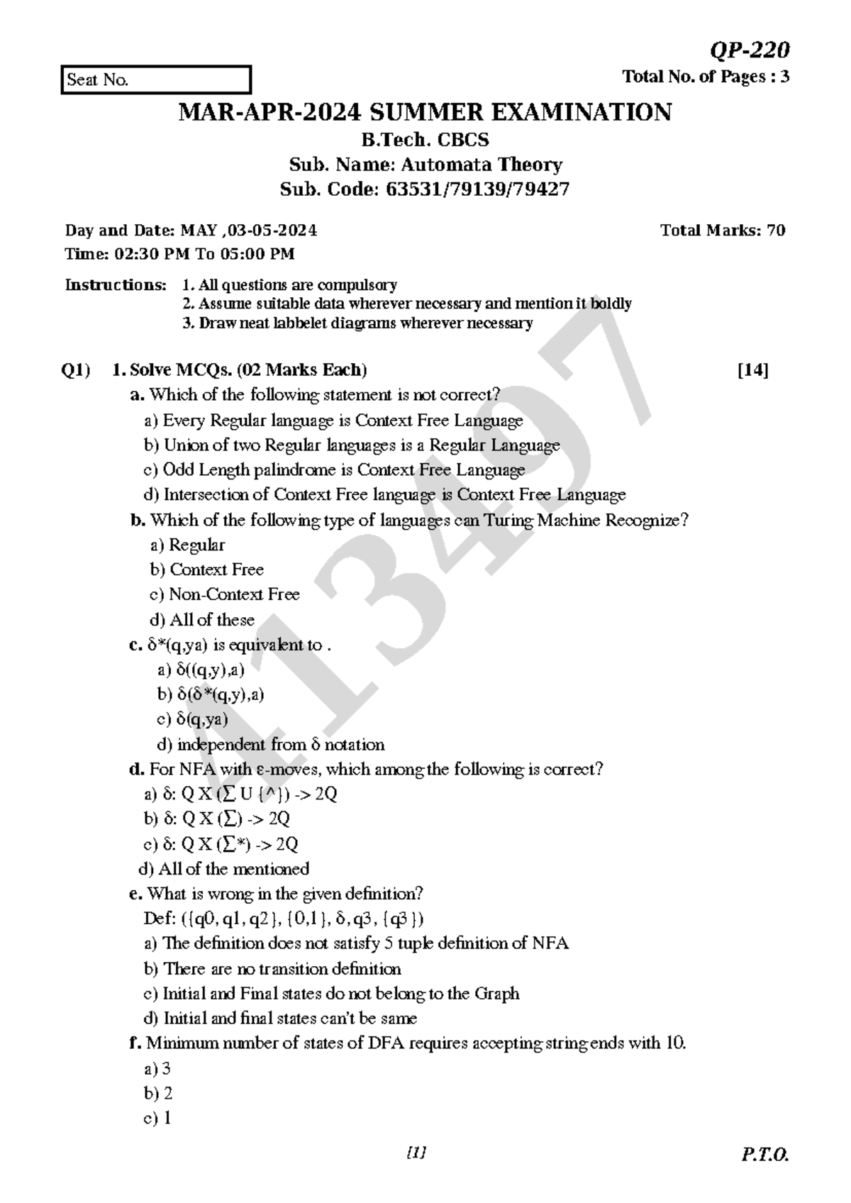 Automata Theory 79139 - Summer Exam Question Paper - Studocu